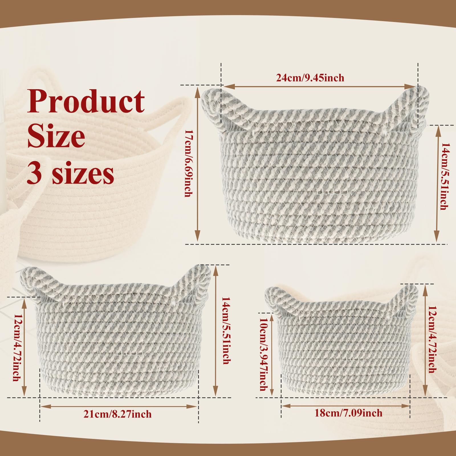 Hevtsde 3PCS Small Woven Basket - Cotton Rope Woven Baskets, Cute Woven Storage Basket, Small Baskets for organizing, Multifunctional Storage Baskets for Cosmetics Snacks Toys (Gray)