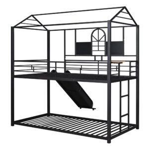 TURRIDU Twin Over Twin Size House Shape Bunk Bed, Modern Metal Housebed with Slide, Metal Slats, Safety Fence and Ladder, Window Pattern Design, Space-Saving, Easy Assembly, (Black with Black Slide)