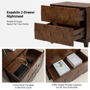 HULALA HOME Wood Nightstand Set of 2 with Charging Station, 2-Drawer Dresser with Wooden Legs, Mid-Century Modern Bedside Furniture, French-Style End Table for Bedroom or Living Room, Walnut