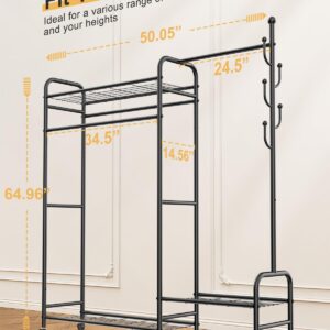 FYBEE 3-In-1 Clothes Racks For Hanging Clothes with Coat Rack, Heavy Duty Clothing Rack with Shelves Load 620Lbs, Portable Garment Racks with Lockable Wheels, Multi-Functional Closet Rack For Bedroom