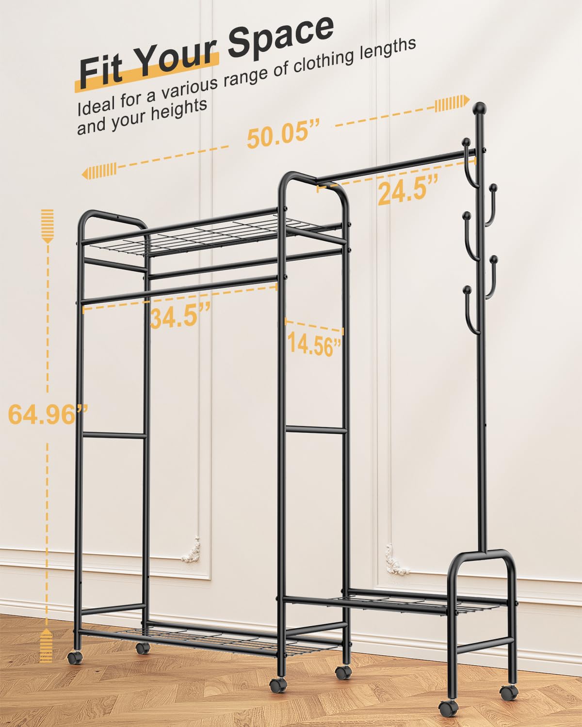 FYBEE 3-In-1 Clothes Racks For Hanging Clothes with Coat Rack, Heavy Duty Clothing Rack with Shelves Load 620Lbs, Portable Garment Racks with Lockable Wheels, Multi-Functional Closet Rack For Bedroom