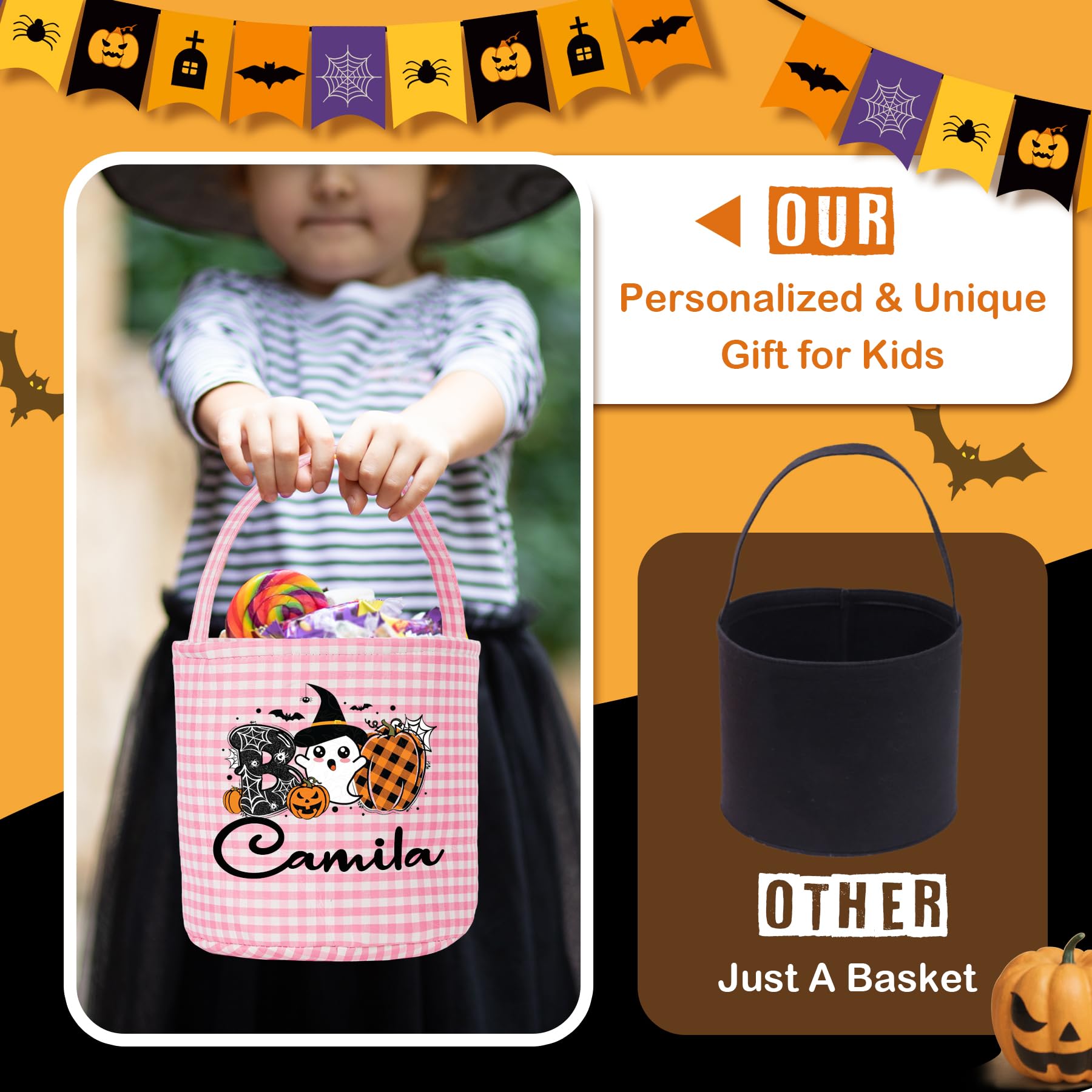 Fasinheaco Personalized Halloween Basket - Monogrammed with Name,Pumpkin,Custom Trick or Treat Bucket,Halloween Gifts Basket,Candy Bags for Halloween Party Favor