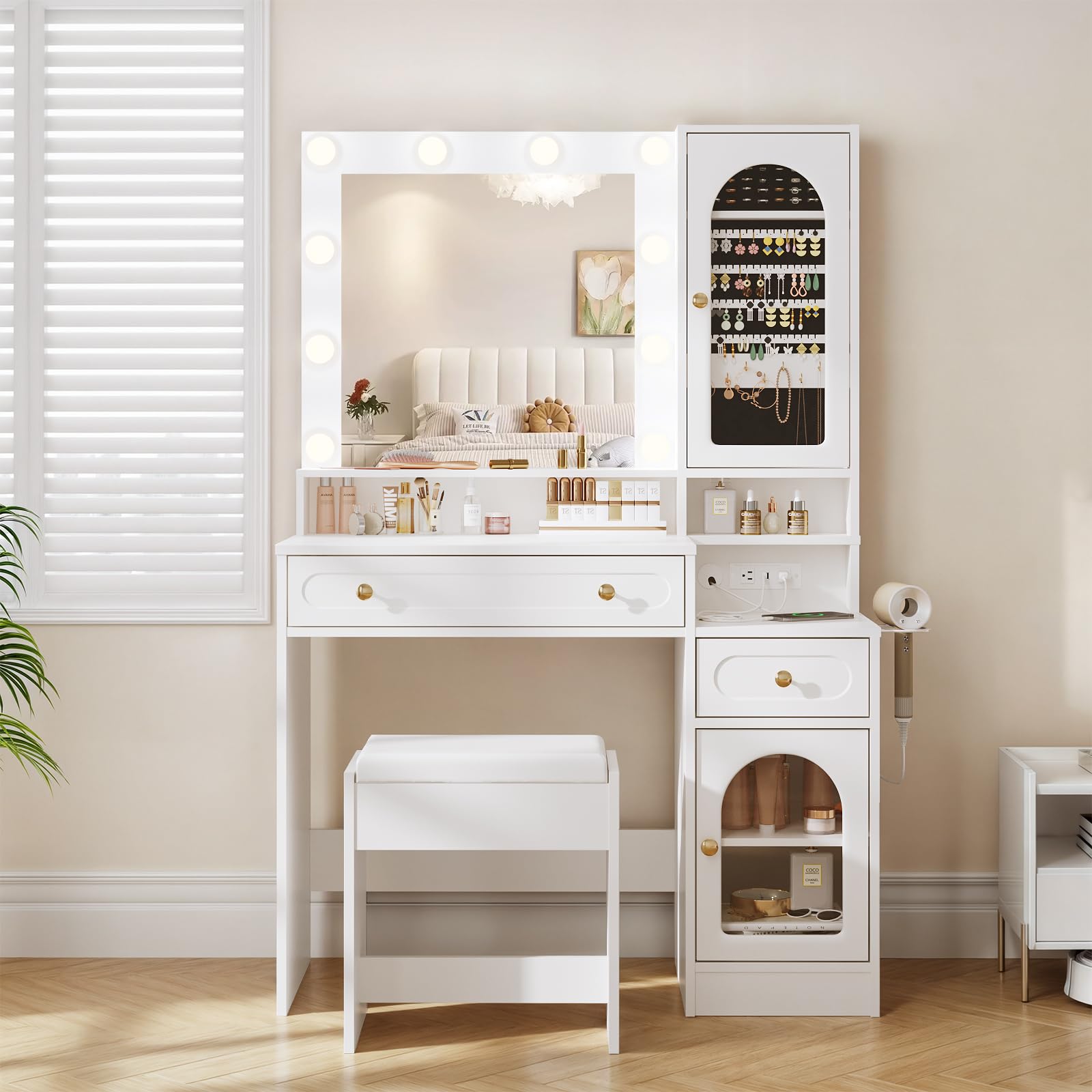 Mauqvit Vanity Desk with Mirror and Light，Vanity Desk with 2 Large Drawers, 2 Large Storage，Charging Station and 10 Lights 3 Lighting Modes Adjustable Brightness Dresser, White