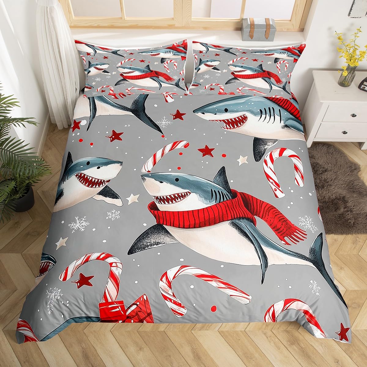 Cartoon Shark Duvet Cover Full Size Christmas Sweet Candy Bedding Set 3pcs Undersea Marine Fish Comforter Cover for Kids Bedroom Decor Cute Star Snowflake Quilt Cover(Not Comforter)