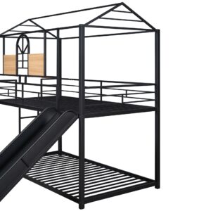 TURRIDU Twin Over Twin Size House Shape Bunk Bed, Modern Metal Housebed with Slide, Metal Slats, Safety Fence and Ladder, Window Pattern Design, Space-Saving, Easy Assembly, (Black with Black Slide)