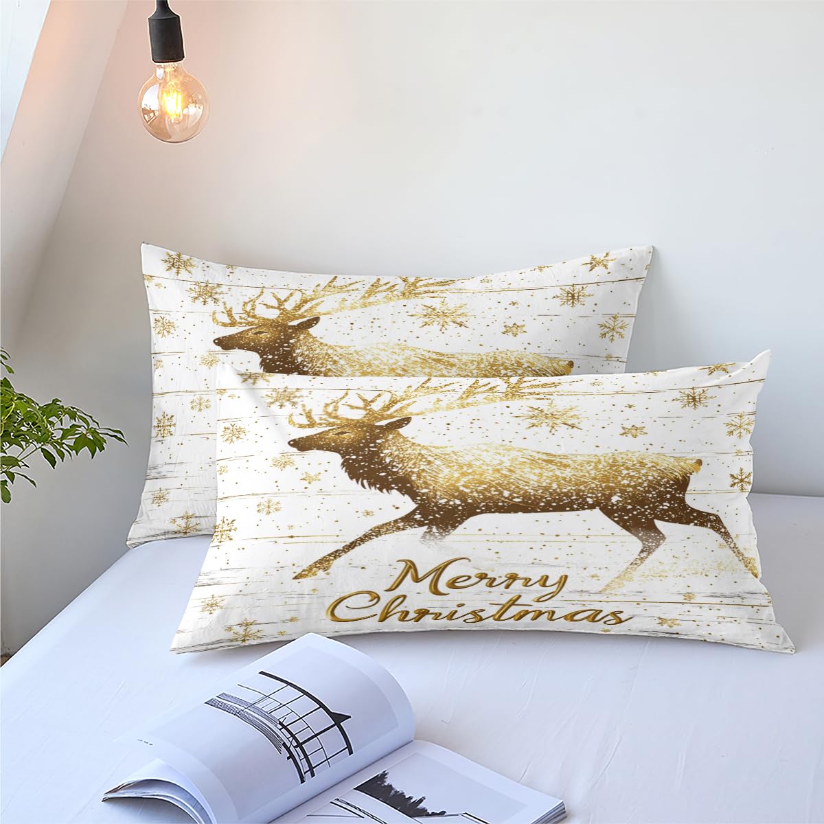 CCoutueChen White Gold Christmas Elk Comforter Set King Size Merry Christmas Bedding Set for Girls,3Pcs Christmas Holiday Decor Comforter Set with 2 Pillowcases(104 * 90)