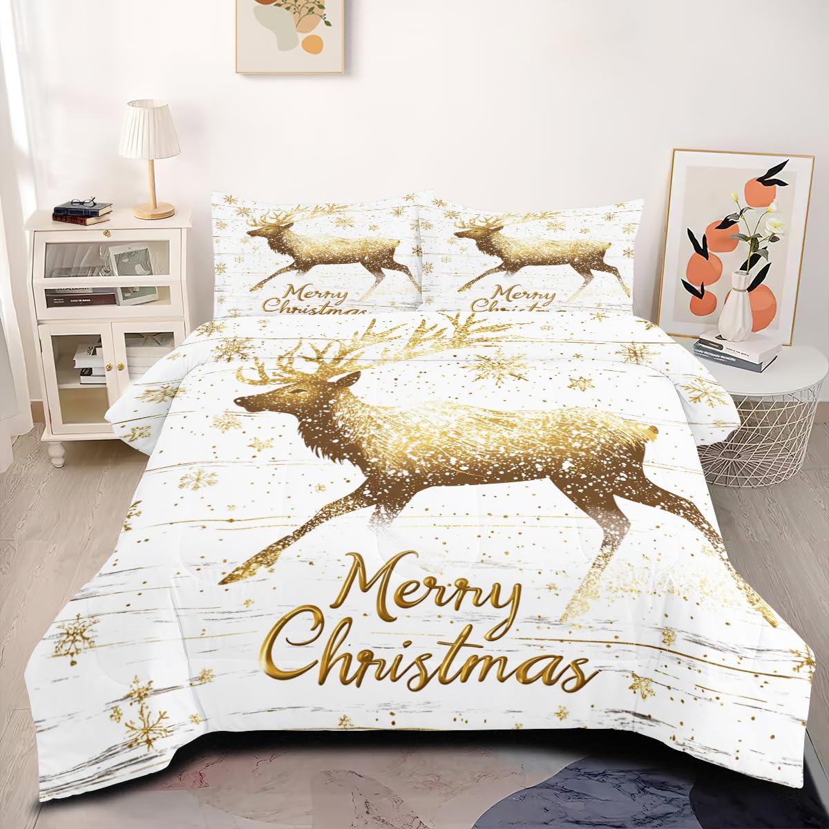 CCoutueChen White Gold Christmas Elk Comforter Set King Size Merry Christmas Bedding Set for Girls,3Pcs Christmas Holiday Decor Comforter Set with 2 Pillowcases(104 * 90)