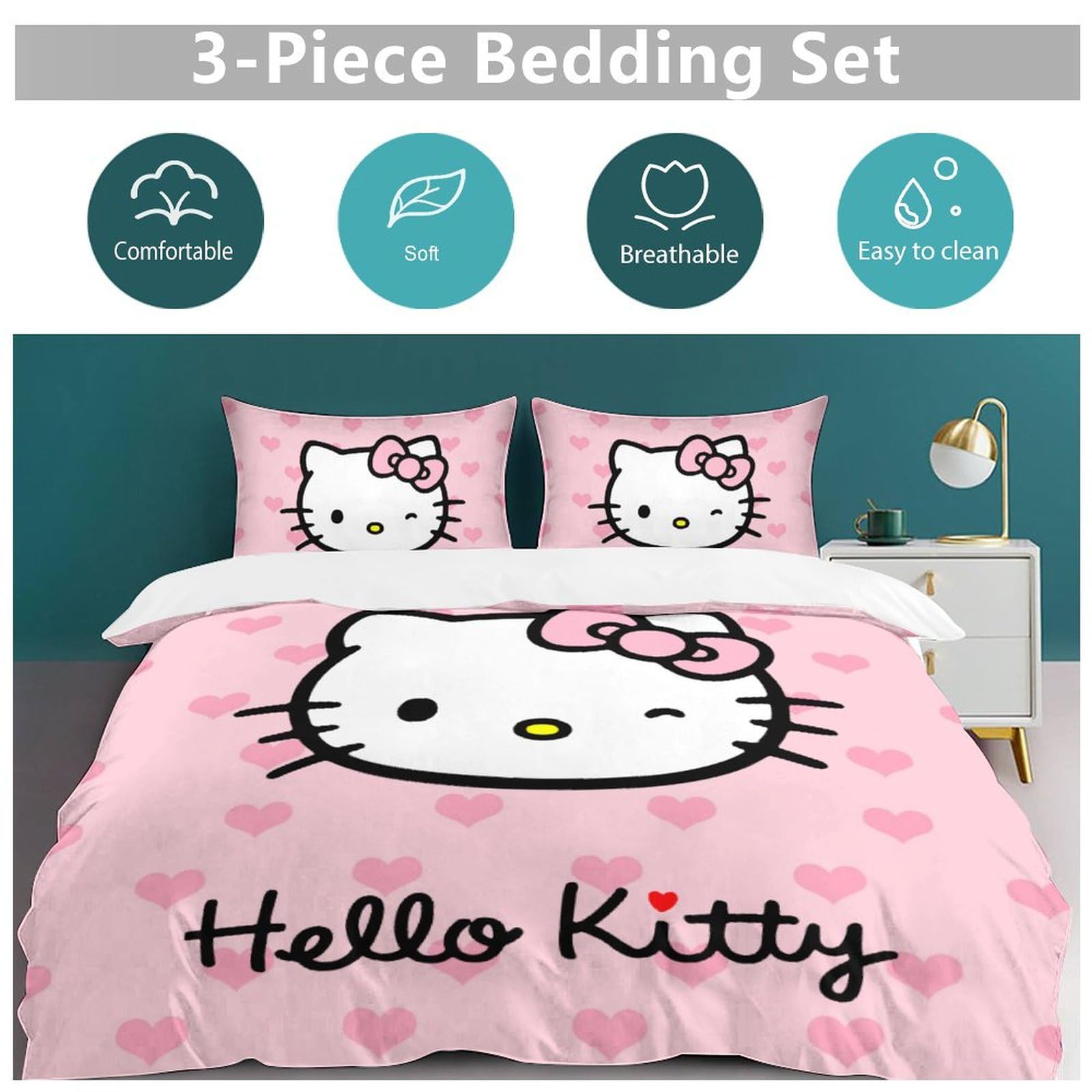 WNDKSQG Cartoon Bedding Set Kawaii Pink Cat Duvet Cover for Women Girls Cute Lightweight 3 Pieces Comforter Cover Sets with 1 Duvet Cover and 2 Pillowcases 218x177 cm