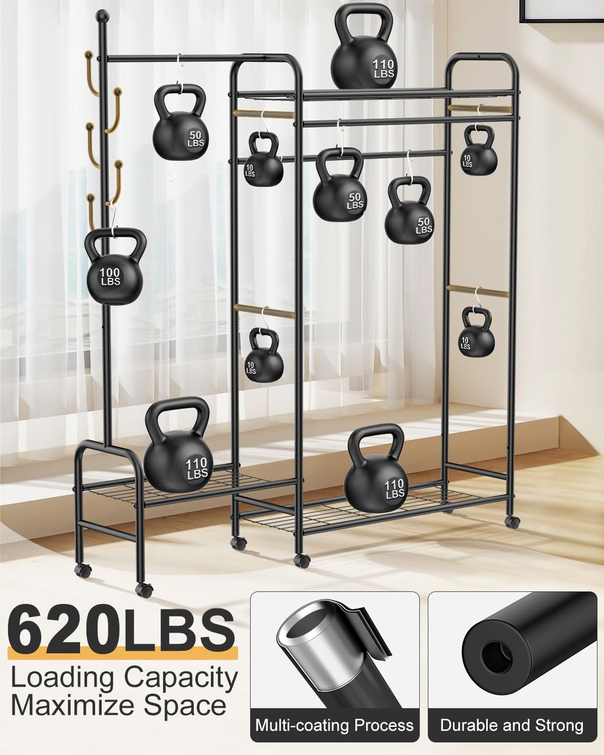 FYBEE 3-In-1 Clothes Racks For Hanging Clothes with Coat Rack, Heavy Duty Clothing Rack with Shelves Load 620Lbs, Portable Garment Racks with Lockable Wheels, Multi-Functional Closet Rack For Bedroom