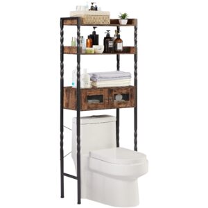 vecelo over the toilet storage rack with cabinet, 3 tier bathroom space saver industrial shelf, multifunctional freestanding organizer stand for balcony, laundry, easy assembly, vintage brown