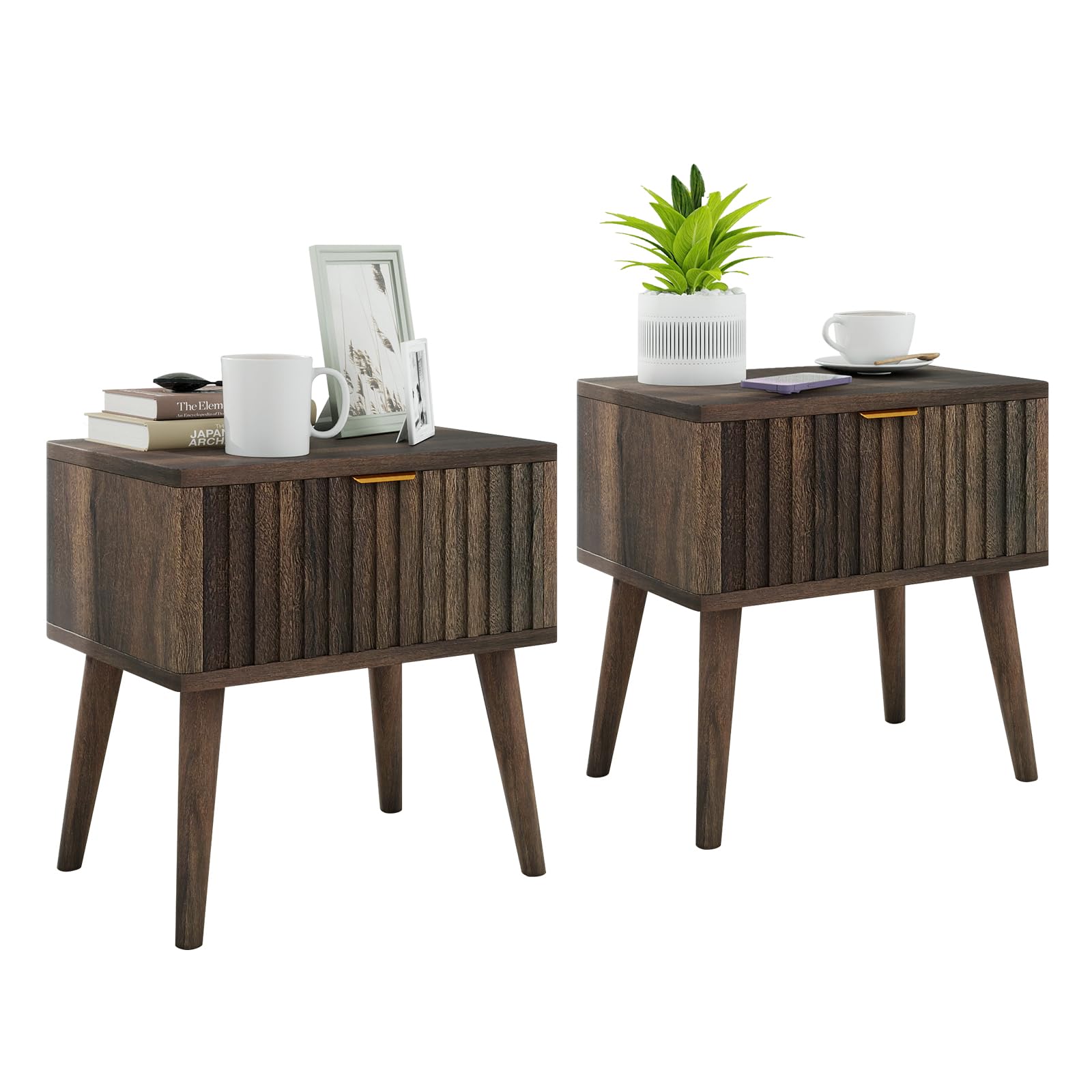 MUUEGM Nightstands Set of 2, Mid Century Modern Side Table with Drawers, Small End Table for Living Room, Bedroom, Office and Small Spaces, Dark Brown Night Stand with Solid Wood Legs