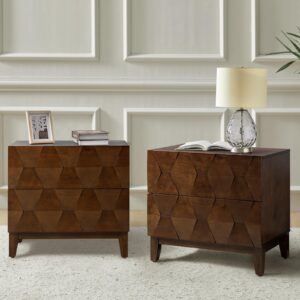 hulala home wood nightstand set of 2 with charging station, 2-drawer dresser with wooden legs, mid-century modern bedside furniture, french-style end table for bedroom or living room, walnut