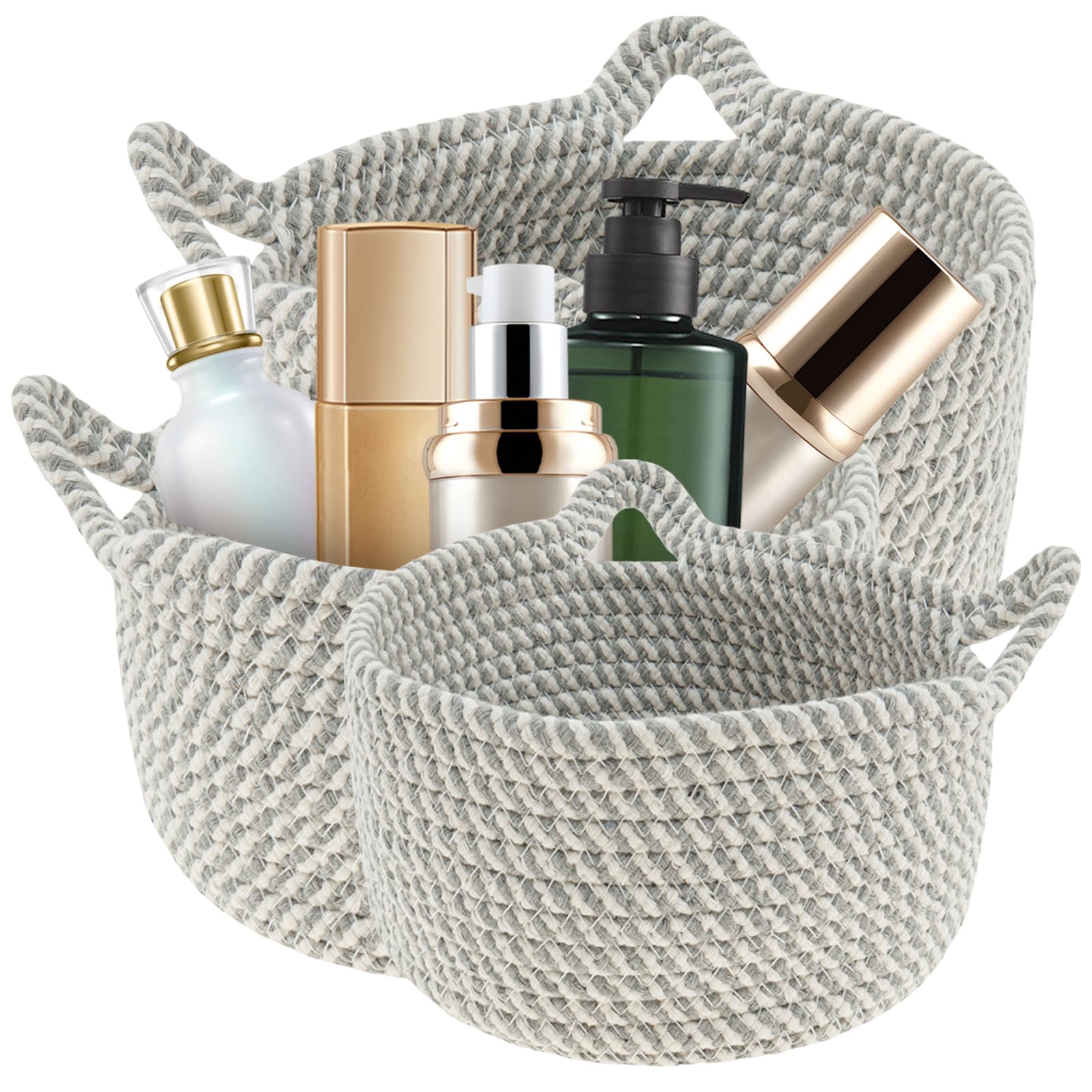 Hevtsde 3PCS Small Woven Basket - Cotton Rope Woven Baskets, Cute Woven Storage Basket, Small Baskets for organizing, Multifunctional Storage Baskets for Cosmetics Snacks Toys (Gray)