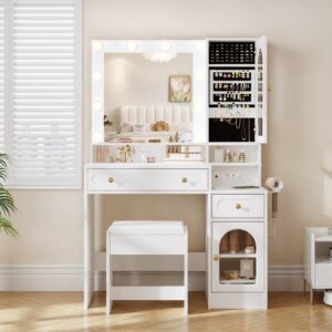 Mauqvit Vanity Desk with Mirror and Light，Vanity Desk with 2 Large Drawers, 2 Large Storage，Charging Station and 10 Lights 3 Lighting Modes Adjustable Brightness Dresser, White