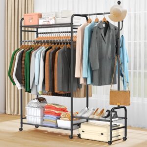 fybee 3-in-1 clothes racks for hanging clothes with coat rack, heavy duty clothing rack with shelves load 620lbs, portable garment racks with lockable wheels, multi-functional closet rack for bedroom