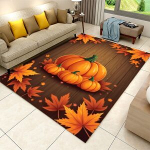 yjdrug happy thanksgiving area rug,5x7ft, autumn pumpkin maple leaf wood grain print rugs, fall vintage farmhouse decor non-slip decorative rug for living room bedroom office kids room baby room