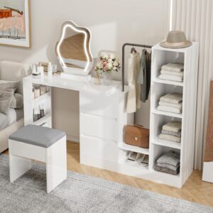 ARTETHYS Vanity Desk with Mirror and Lights White Makeup Desk with Storage Chair and Drawers Corner Vanity Table Set with Hanger and Storage Shelves