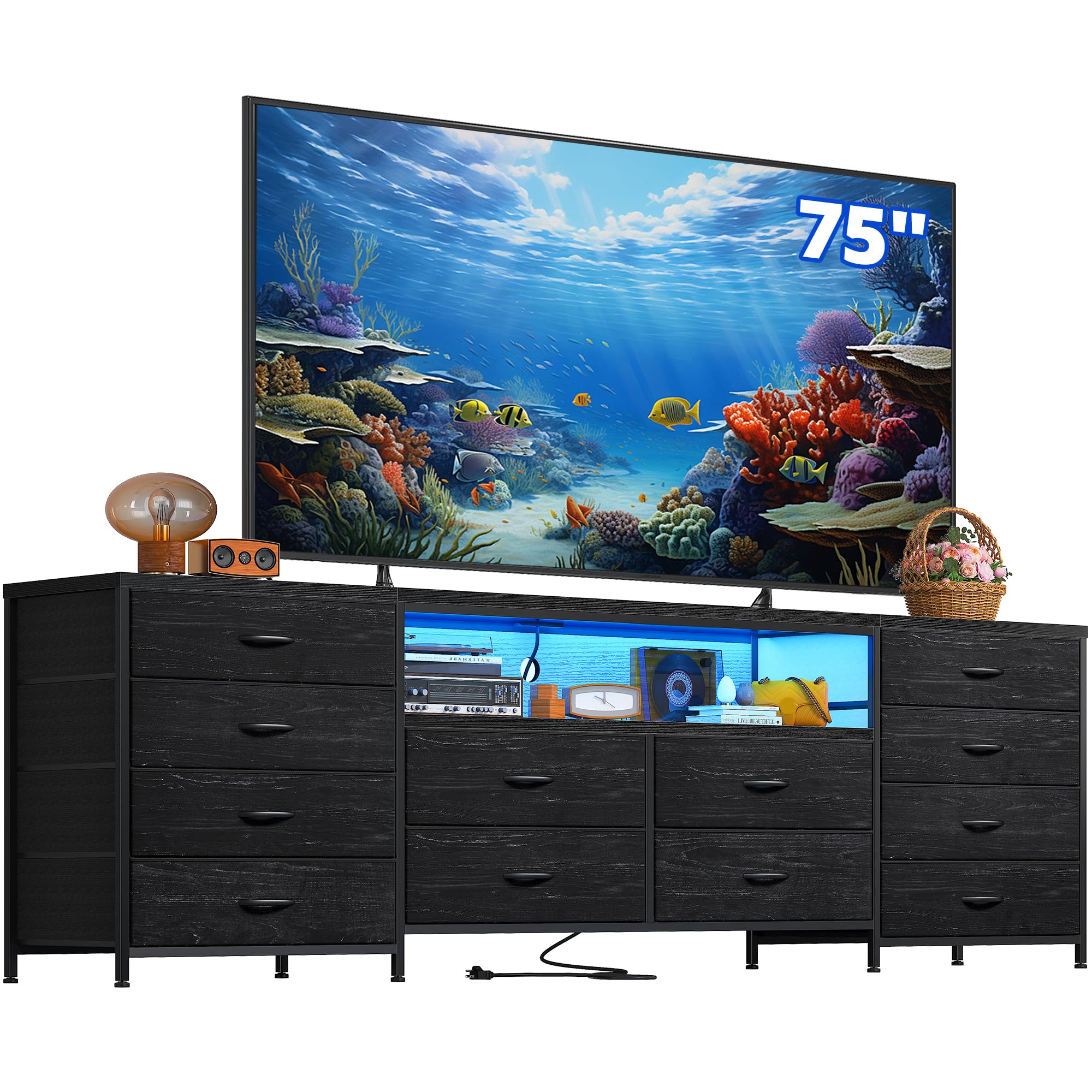 EnHomee 12 Drawer Dresser TV Stand for 65 70 75 Inch TV 63" W Extra Long Black Dresser for Bedroom with LED Lights & Power Outlets Entertainment Center with Drawers, Fabric Dresser for Closet