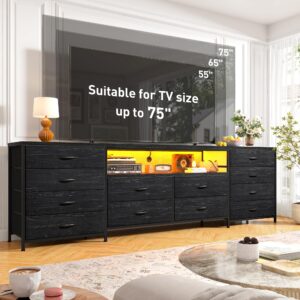 EnHomee 12 Drawer Dresser TV Stand for 65 70 75 Inch TV 63" W Extra Long Black Dresser for Bedroom with LED Lights & Power Outlets Entertainment Center with Drawers, Fabric Dresser for Closet