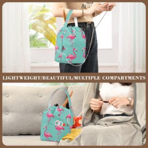 Lovely Flamingos Teal Crochet Bag Organizer Yarn Storage Bag Yarn Holder Knitting Bag Crochet Accessories with Pockets Portable for Knitting Kit Supplies Travel