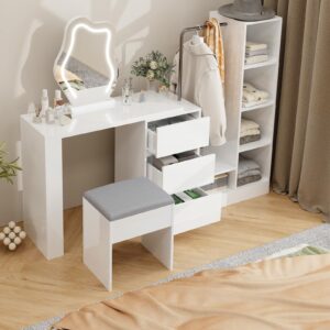 ARTETHYS Vanity Desk with Mirror and Lights White Makeup Desk with Storage Chair and Drawers Corner Vanity Table Set with Hanger and Storage Shelves