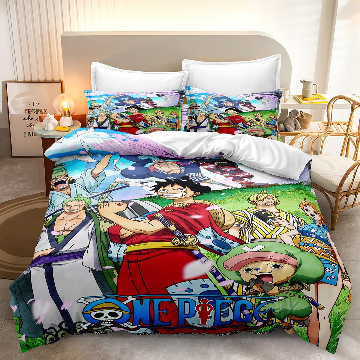 JKLWOAWR Anime One 3D Monkey Printed Piece Duvet Cover, D. Luffy Pillowcase, Bedding Three Piece Set, Soft Ultra-fine Fiber Zipper Closure Three Piece Set