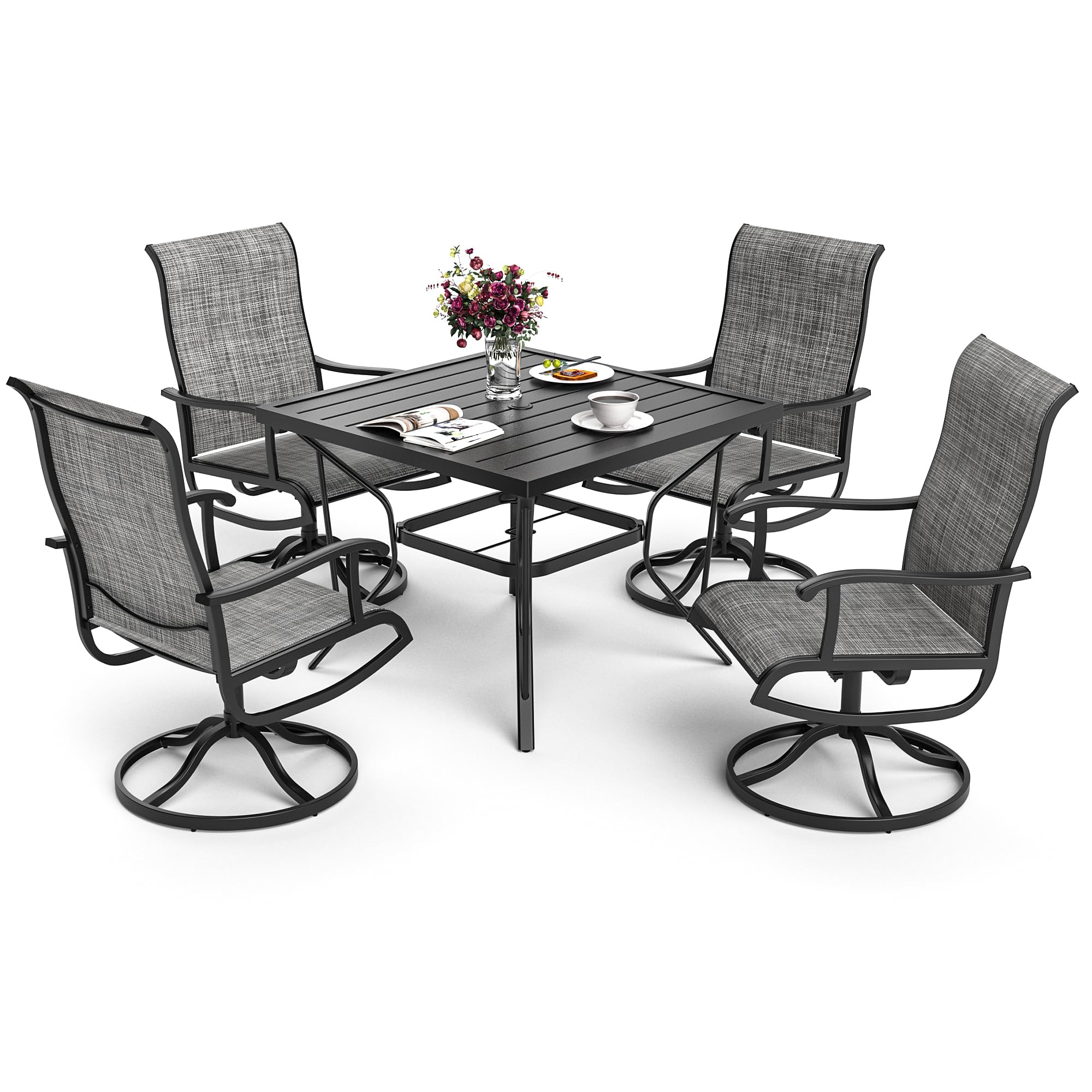 Pamapic 5 Pieces Patio Dining Set, Outdoor Dining Set All-Weather for Backyard Poolside Garden Deck, Modern Outdoor Table and Chairs Set with 4 Textilene Swivel Chairs,Gray