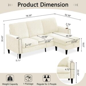 NORDICANA 3-Seat Sectional Sofa Set with Storage Chaise, L Shaped Modular Couch for Living Room, 2 Cupholders, Detachable Cover, Off White Chenille