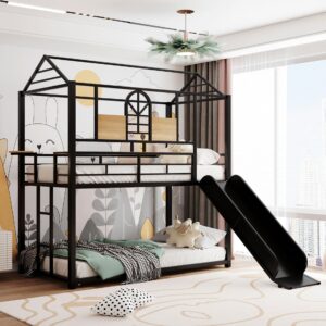 turridu twin over twin size house shape bunk bed, modern metal housebed with slide, metal slats, safety fence and ladder, window pattern design, space-saving, easy assembly, (black with black slide)