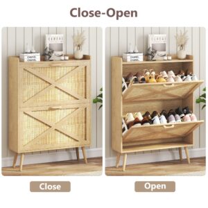 METOTI Rattan Shoe Cabinet with 2 Flip Drawers,Modern Hidden Shoe Storage Cabinet for Entryway,Shoe Organizer Rack Cabinet with Open Doors & Legs.