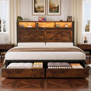 incyneva farmhouse full bed frame with storage headboard, charging station, led light and 2 storage drawers, bookcase storage, noise free, no box spring needed, brown