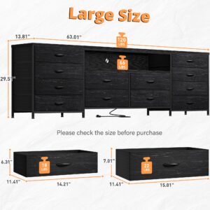 EnHomee 12 Drawer Dresser TV Stand for 65 70 75 Inch TV 63" W Extra Long Black Dresser for Bedroom with LED Lights & Power Outlets Entertainment Center with Drawers, Fabric Dresser for Closet