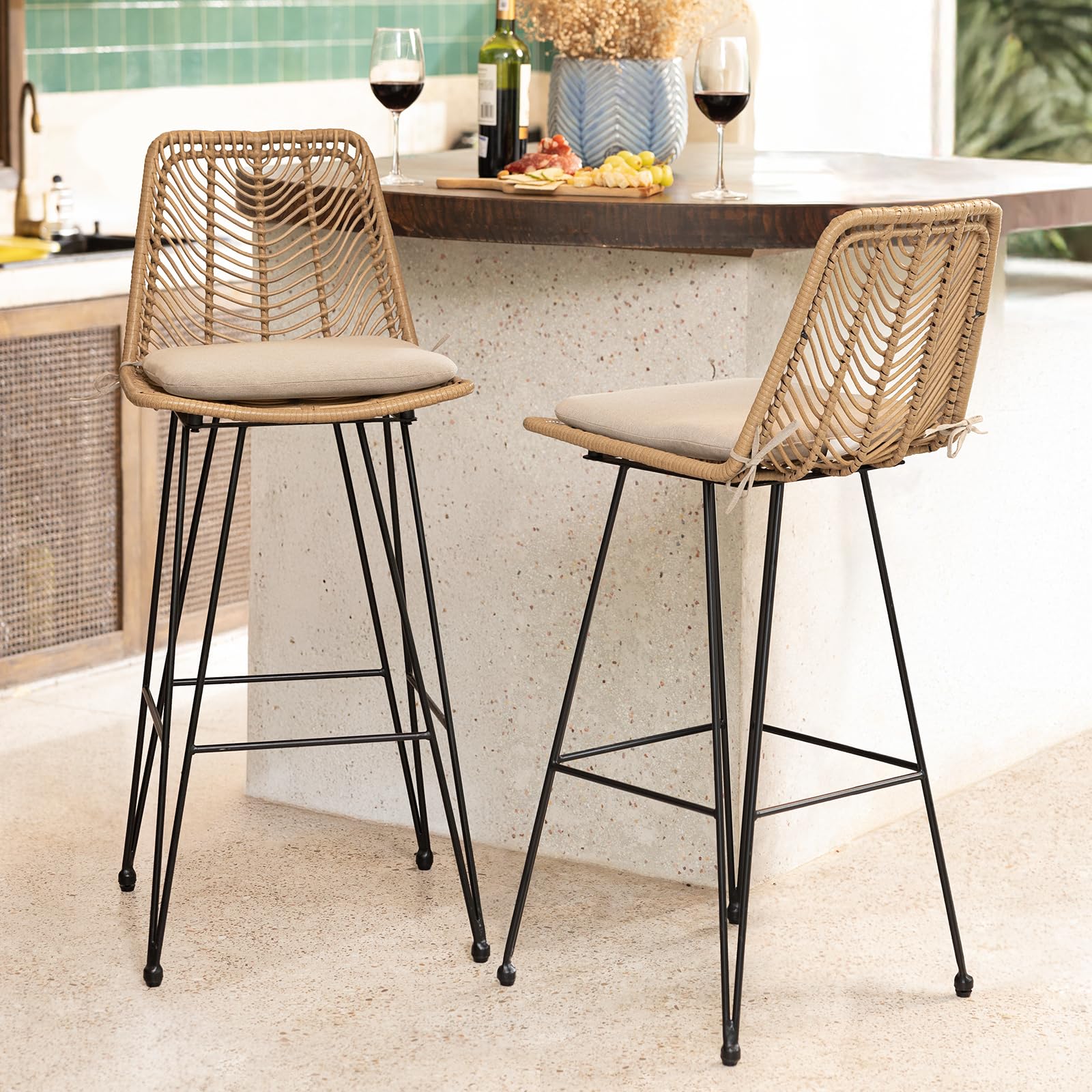 Idzo 400lbs Capacity Rattan Bar Stools Set of 2 Upgraded, 42-Inch Height Outdoor Bar Stools with Comfort Cushion, Solid Steel Frame & Durable Power Coating, Easy Assembly