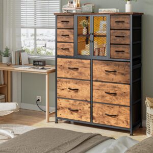 EnHomee Tall Dresser for Bedroom with 12 Drawer Dressers & Chests of Drawers for Closet with Power Outlets & LED Lights Large Dresser Organizer for Bedroom with Mesh Door, Rustic Brown