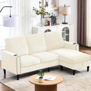 nordicana 3-seat sectional sofa set with storage chaise, l shaped modular couch for living room, 2 cupholders, detachable cover, off white chenille