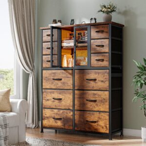 EnHomee Tall Dresser for Bedroom with 12 Drawer Dressers & Chests of Drawers for Closet with Power Outlets & LED Lights Large Dresser Organizer for Bedroom with Mesh Door, Rustic Brown