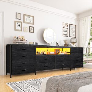 EnHomee 12 Drawer Dresser TV Stand for 65 70 75 Inch TV 63" W Extra Long Black Dresser for Bedroom with LED Lights & Power Outlets Entertainment Center with Drawers, Fabric Dresser for Closet