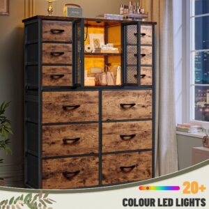 EnHomee Tall Dresser for Bedroom with 12 Drawer Dressers & Chests of Drawers for Closet with Power Outlets & LED Lights Large Dresser Organizer for Bedroom with Mesh Door, Rustic Brown