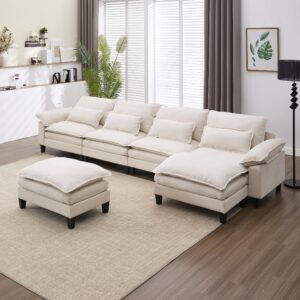 154.8" Oversized U-Shaped Cloud Couch with 2 Ottoman,Modern Large 4 Seats Modular Sectional Sofa with Reversible Chaise & Pillows,Velvet Fabric Cloud Couches for Living Room Apartment-Beige