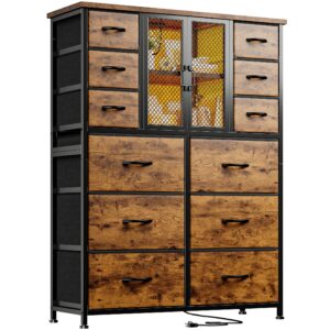 enhomee tall dresser for bedroom with 12 drawer dressers & chests of drawers for closet with power outlets & led lights large dresser organizer for bedroom with mesh door, rustic brown