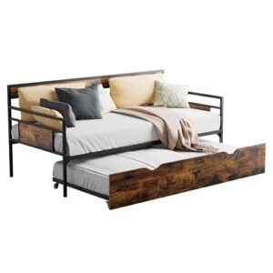 Tatub Twin Daybed with Trundle, Rustic Metal Sofa Bed Frame with Wooden Headboards, Saving Space Day Bed Frame for Living Room, Bedroom, Apartment, Rustic Brown