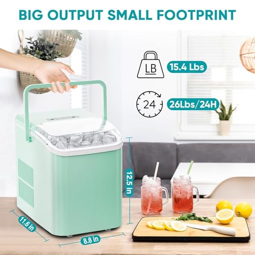 Ice Maker, Portable Countertop Icemaker Machine, Self Cleaning Quiet 2 Sizes Bullet Cubes Makers, 9 Cubes in 6 Mins, 26.5lbs/24Hrs with Ice Scoop, Basket and Handle for Home Kitchen Party (Green)