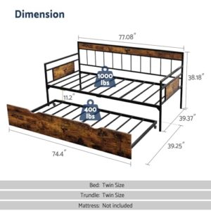 Tatub Twin Daybed with Trundle, Rustic Metal Sofa Bed Frame with Wooden Headboards, Saving Space Day Bed Frame for Living Room, Bedroom, Apartment, Rustic Brown