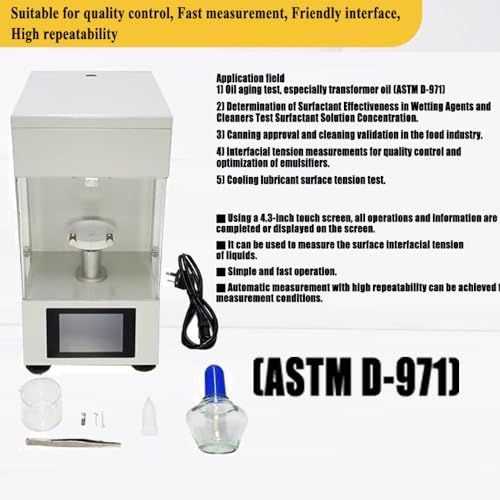 VTSYIQI Liquid Interfacial Tensiometer Surface Tension Measurement Automatic Surface Tension Meter Interfacial Tension Measurement with Platinum Loop Accuracy 0.1mN/m 4.3-inch Touch Screen