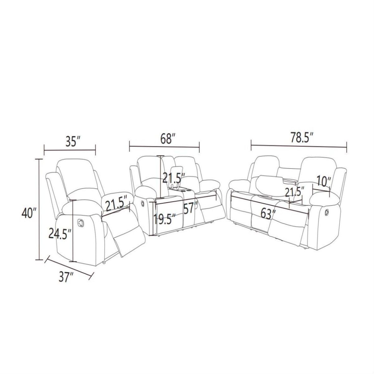 UOCFYK Lounge Comfy Linen Manual Reclining Sectional Sofa Modern Couch for Small Living Room/Dorm/Bedroom/Office/Apartment for Small Spaces, (Grey/White, Three-Piece)