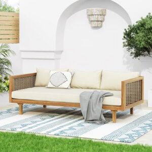 merax 67.5" outdoor patio daybed 3 seater sofa bed,acacia wood frame with rattan arm,cushion & pillow