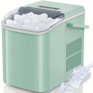 ice maker, portable countertop icemaker machine, self cleaning quiet 2 sizes bullet cubes makers, 9 cubes in 6 mins, 26.5lbs/24hrs with ice scoop, basket and handle for home kitchen party (green)