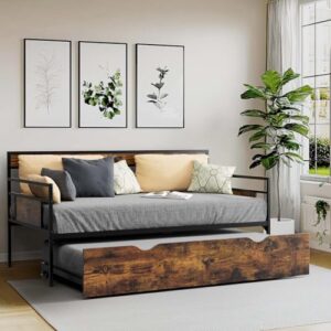 tatub twin daybed with trundle, rustic metal sofa bed frame with wooden headboards, saving space day bed frame for living room, bedroom, apartment, rustic brown