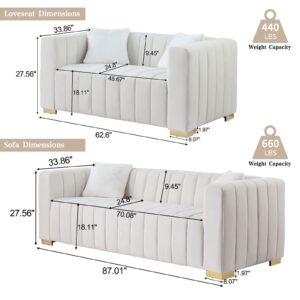 KIVENJAJA 2 Piece Living Room Furniture Set, Including Loveseat and 3-Seater Sofa Couch with Channel Tufted Velvet Fabric, 4 Pillows for Bedroom Apartment, White