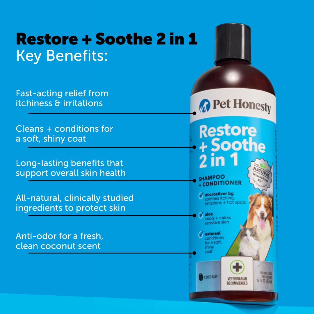 Pet Honesty Restore + Soothe 2 in 1 Shampoo + Conditioner for Sensitive Skin for Dogs & Cats (Coconut) 16oz + Multivitamin Dog Supplement with Glucosamine, Probiotics, Omega Fish Oil for Skin and Coat